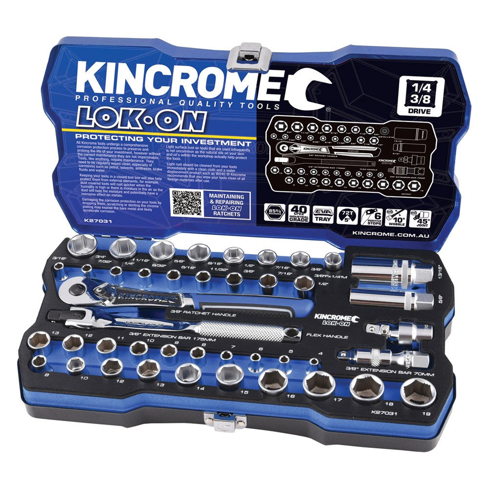 Kincrome LOK-ON 1/4" & 3/8" Socket Set 44 Pce - Metric & Imperial For ...
