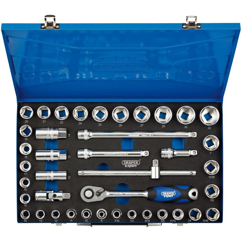 Draper Expert 1/2" Sq. Dr. Combined MM/AF Socket Set in Metal Case, 40 ...